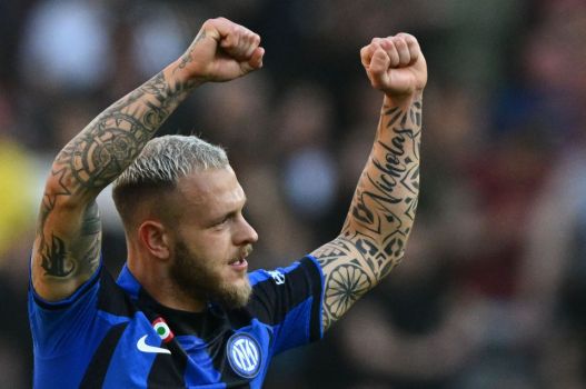 Inter Milan wingback Federico Dimarco celebrates Italy win vs Ukraine