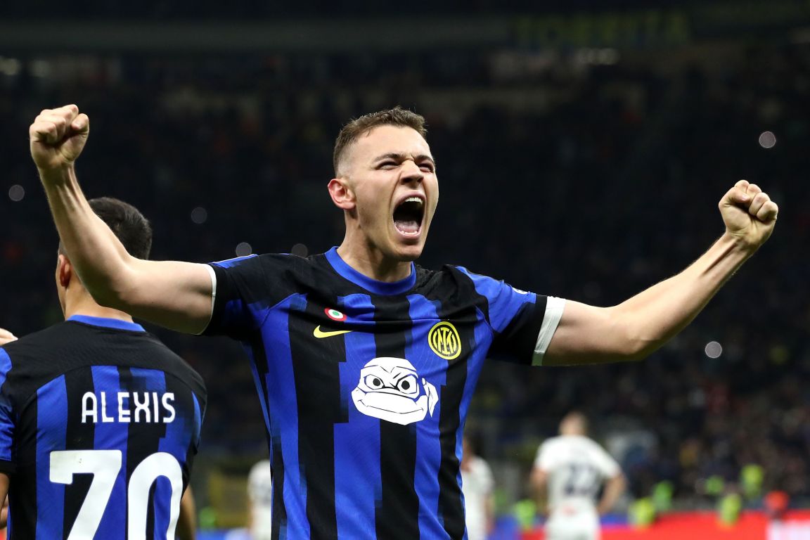 Inter midfielder Kristjan Asllani celebrates Serie A title triumph