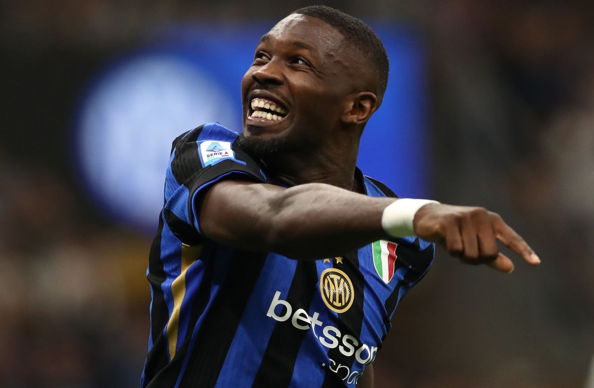 Inter Milan forward Marcus Thuram having fun in training